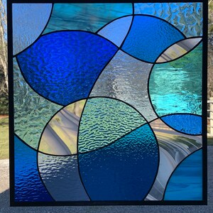Honeydewglass Blue and Turquoise Swirl Stained Glass Window, 19.5" W X ...