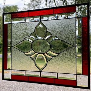 Dark Red Bevel Cluster Stained Glass Panel With Glue Chip | 20.75" X 26 ...