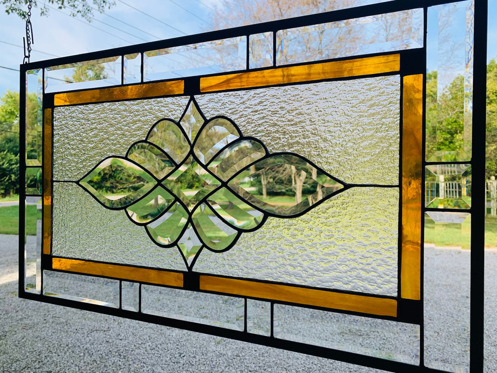 Honeydewglass Large Amber and Black Stained Glass Window Panel, 16.75 ...