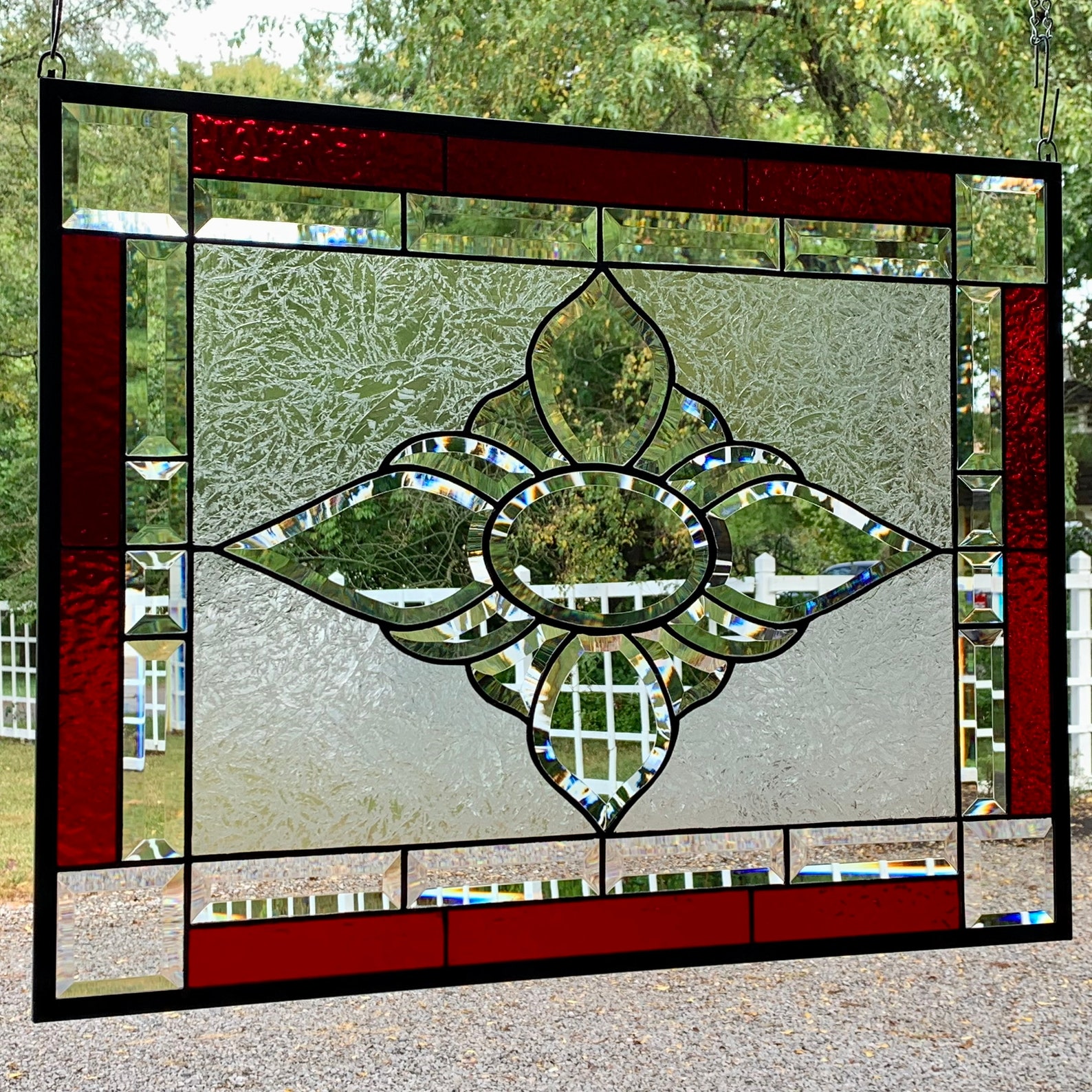 Dark Red Bevel Cluster Stained Glass Panel With Glue Chip | 20.75" X 26 ...