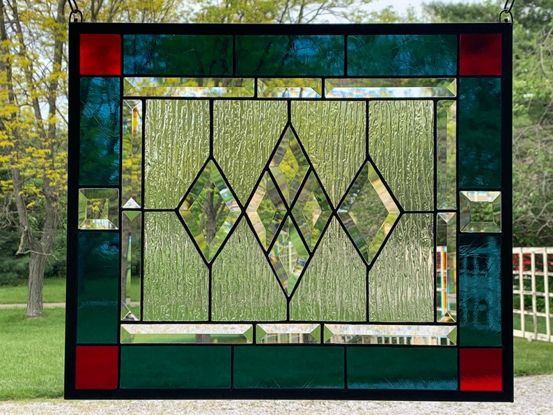 Honeydewglass Smokey Blue and Red Diamond Stained Glass Window Panel ...