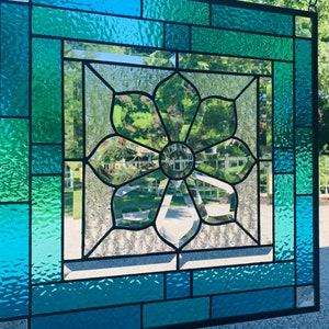 Honeydewglass Teal and Turquoise Stained Glass Panel With Flower Bevel ...