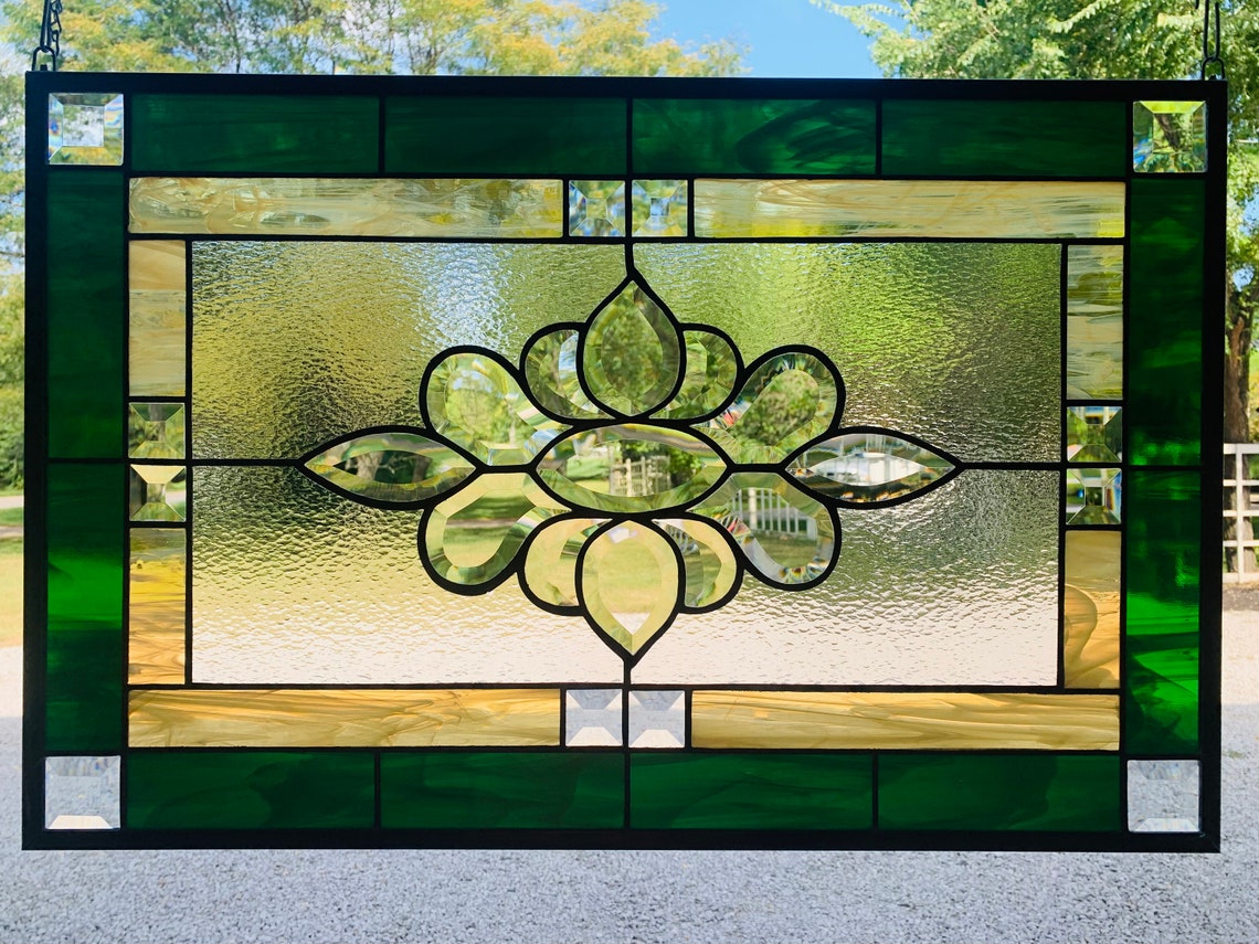 Honeydewglass Green and Gold Stained Glass Window Panel With - Etsy