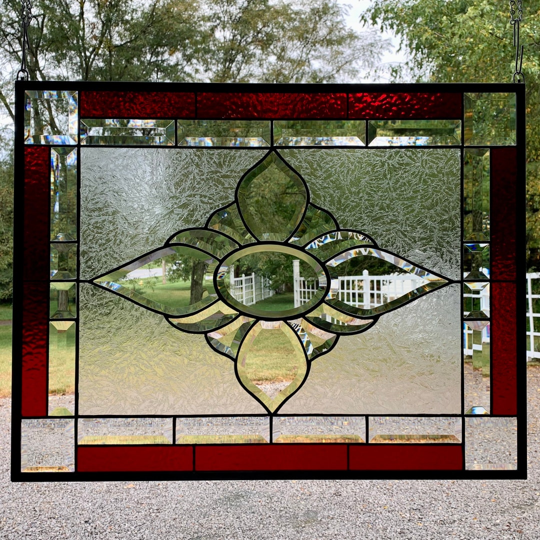 Honeydewglass Ruby Red Stained Glass Window Panel With Bevel Cluster ...