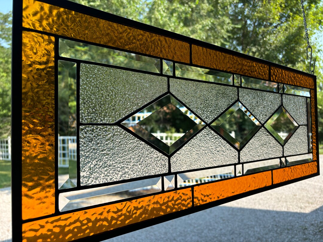 Honeydewglass Dark Amber Stained Glass Panel With Three Diamonds, 11.5 ...