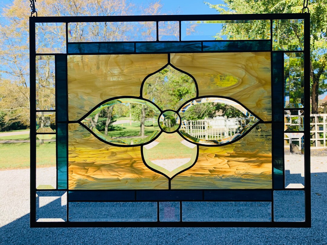 Honeydewglass Smokey Blue and Amber Stained Glass Window With Flower ...