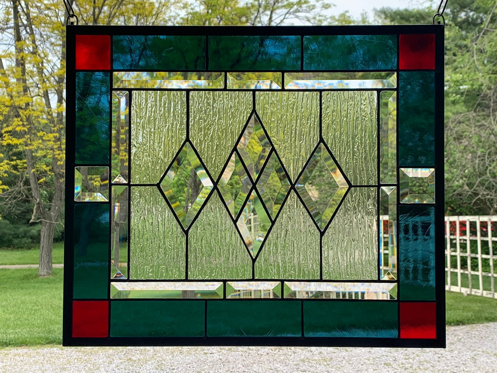 Honeydewglass Smokey Blue and Red Diamond Stained Glass Window Panel ...