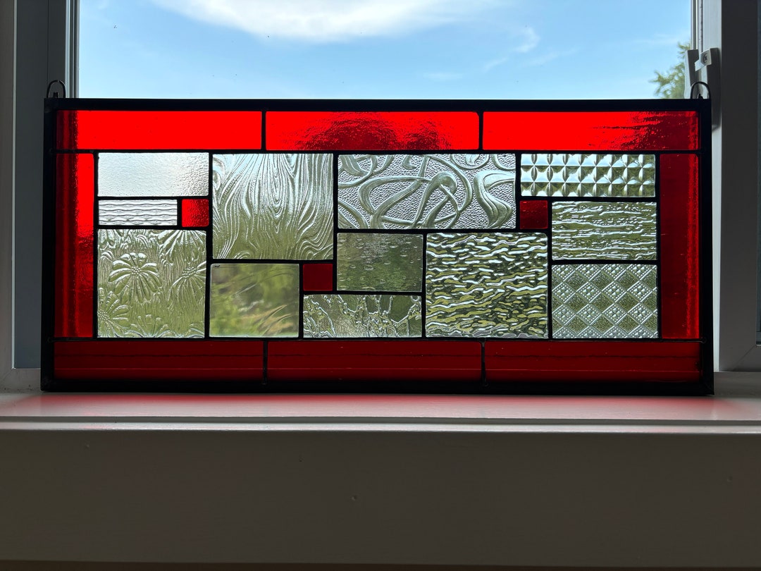 Honey Dew Glass Ruby Red Geometric Stained Glass Panel, 9.5" X 21.5 ...