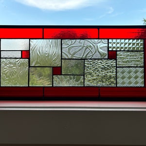 Honey Dew Glass Ruby Red Geometric Stained Glass Panel, 9.5" X 21.5 ...
