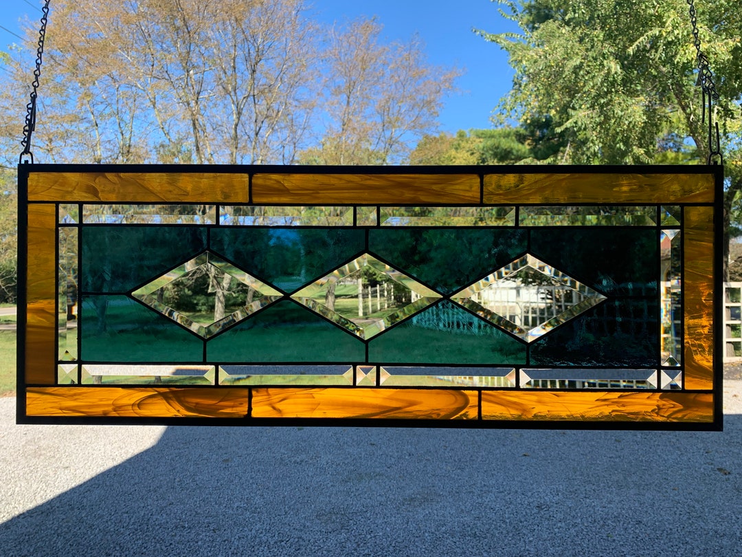 Amber & Blue Glass Panel | 11.5" X 30.5" | Beveled Stained Glass Window ...
