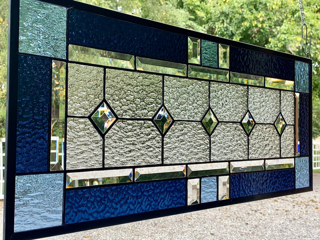 Navy and Light Blue Beveled Glass Panel | 12.75" X 31.75" | English ...