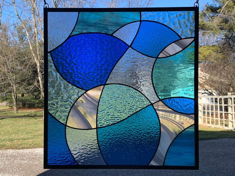 Honeydewglass Blue and Turquoise Swirl Stained Glass Window, 19.5" W X ...