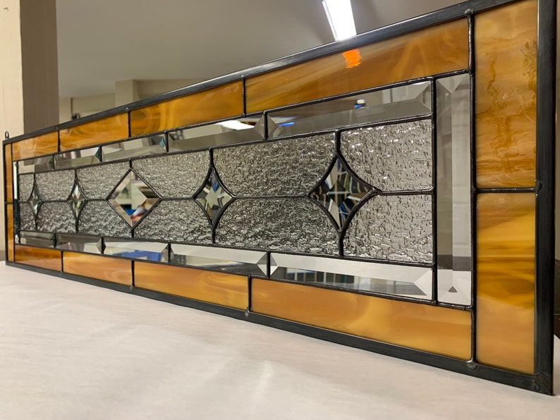 Amber Glass Panel | 9.5" X 35.5" | Beveled Stained Glass Window ...