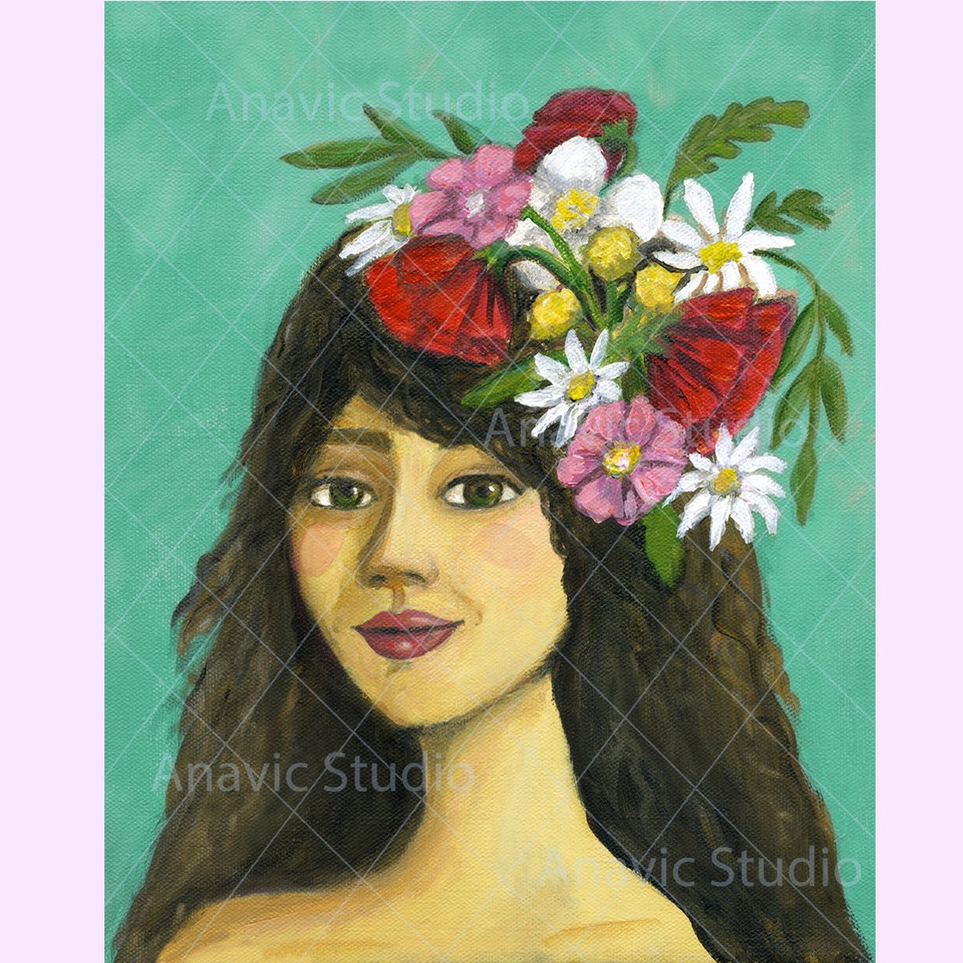 Woman With Wild Flowers Portrait Print 8 X 10 on Paper, Free Shipping ...
