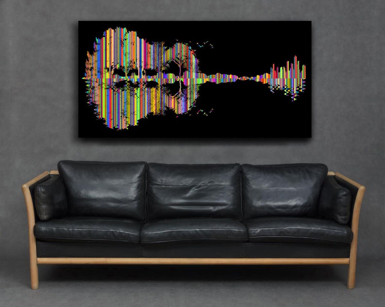 Acoustic Guitar Abstract Landscape Trees Rainbow Black Canvas | Etsy