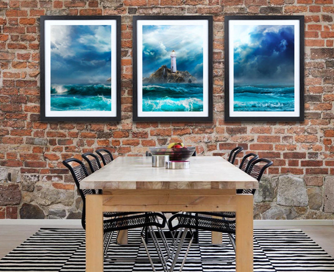 Lighthouse Sea Views Beach Rocks Water Stormy Ocean Pictures Art Set of ...