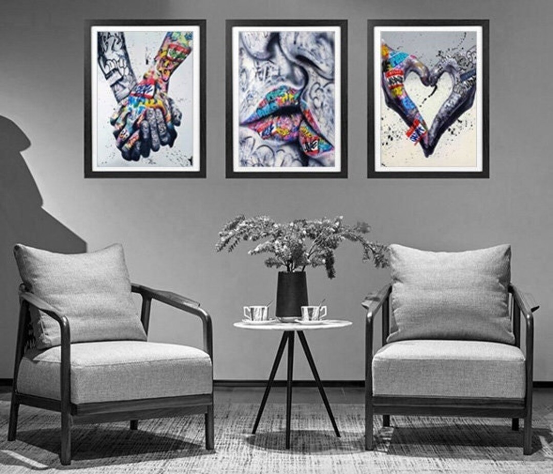 Love Lips Holding Hands Unity Graffiti Tattoo Abstract Art Triptych Set ...