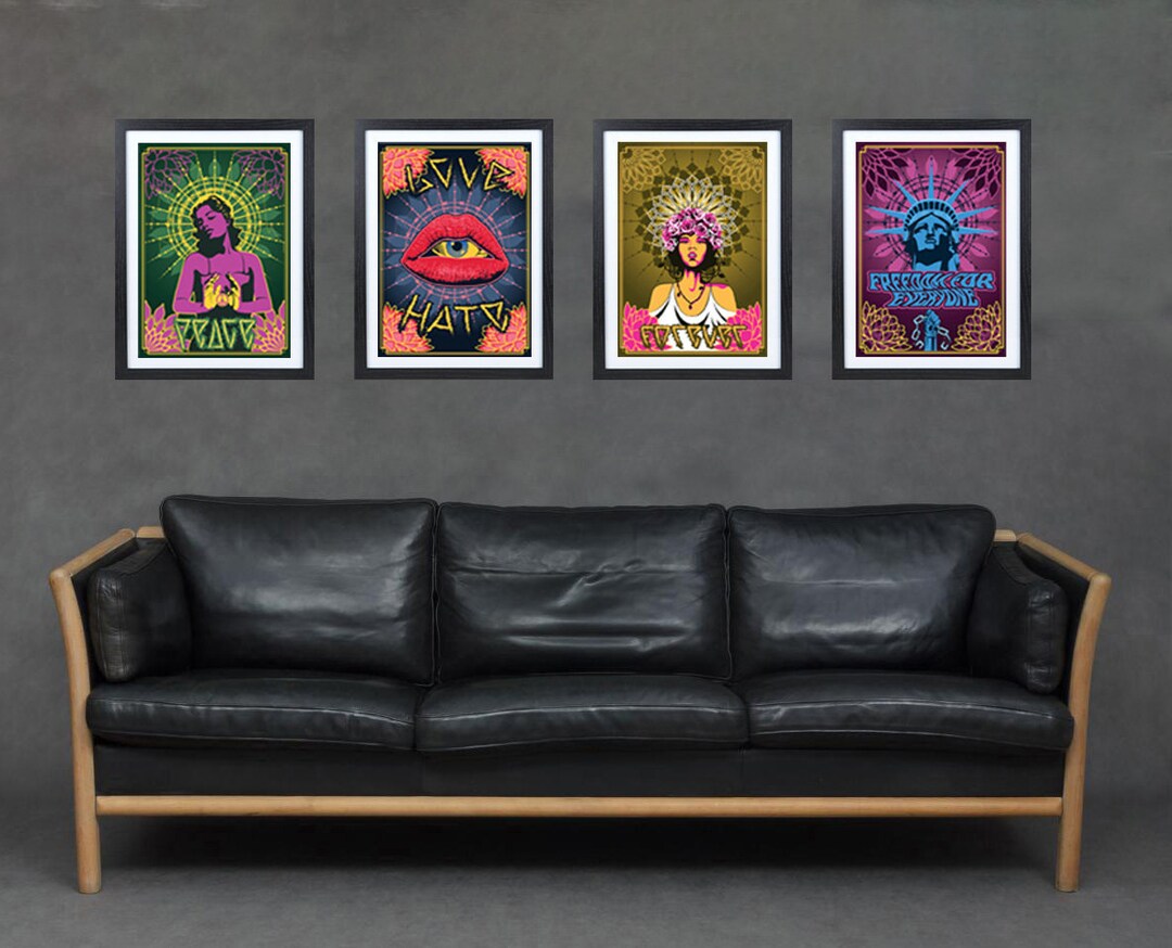 Retro Freedom Forever Peace Love Hate Abstract Set of 4 A4 A3 A2 Framed ...