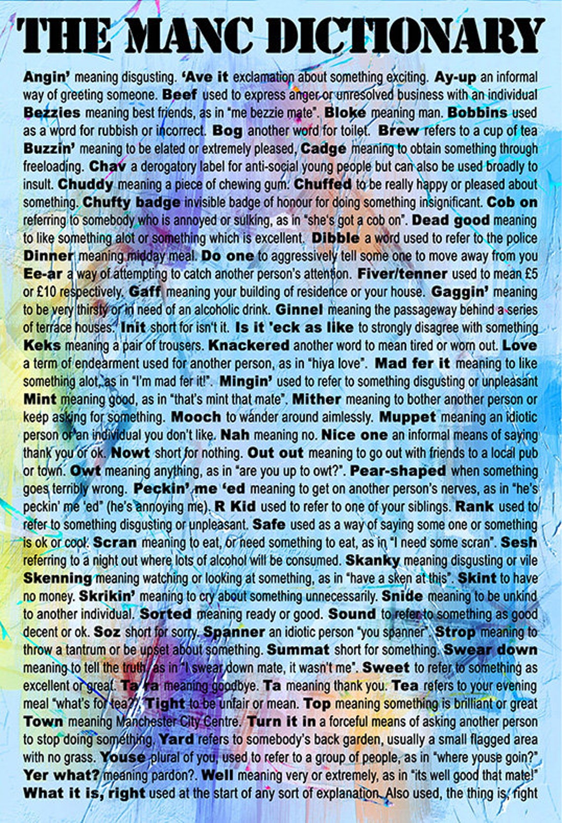 Manc Dictionary Manchester Slang Sayings Gift Mcr Small Medium Large ...