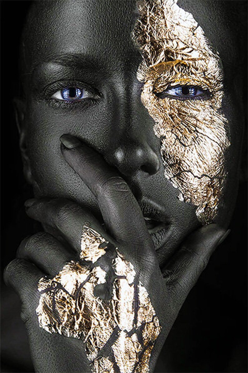 African Black Woman Lady Model Gold Foil Face Blue Eyes Golden - Etsy