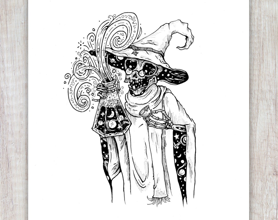 Skeleton Wizard Coloring Page Halloween Coloring Fall Adult - Etsy