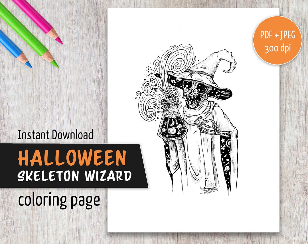 Skeleton Wizard Coloring Page, Halloween Coloring, Fall Adult Coloring ...