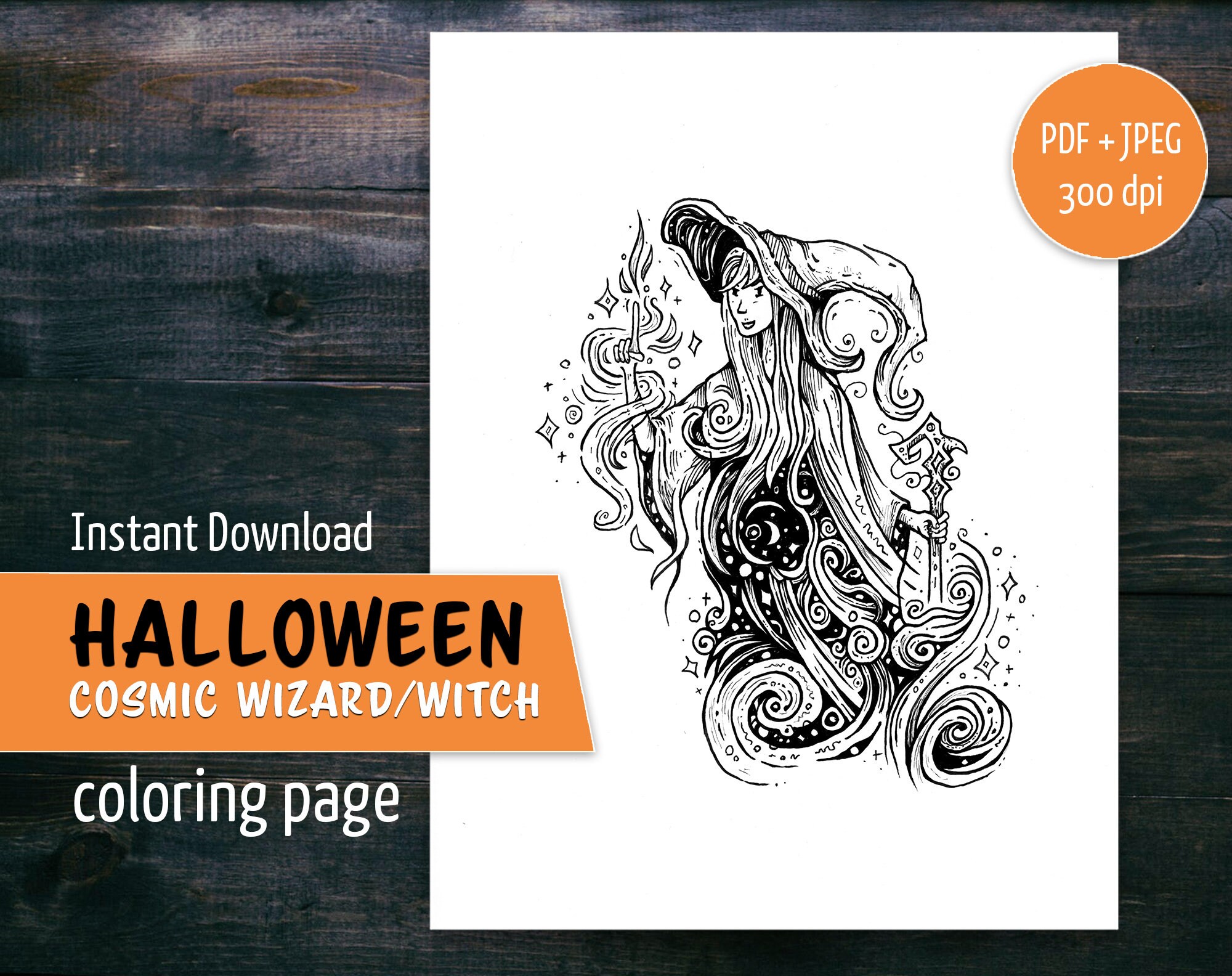 Halloween Coloring Page Witch Colouring Wizard Illustration - Etsy