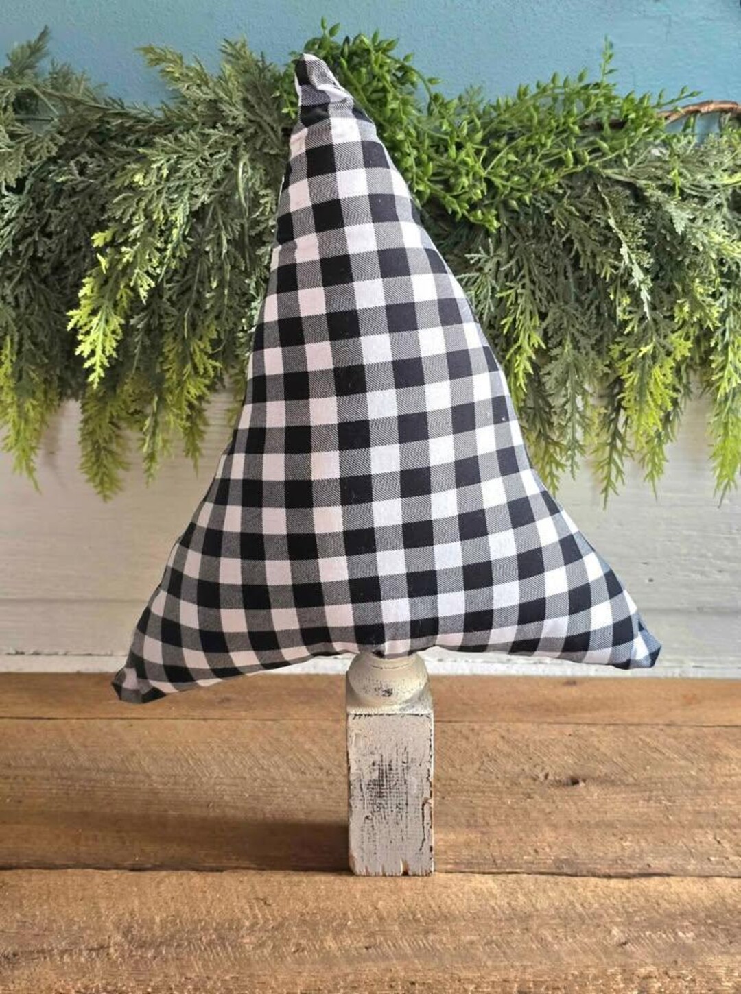Primitive White & Black Buffalo Check Tree Plush Figure Farmhouse Decor ...