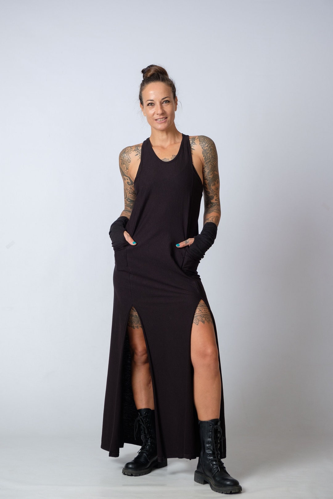 New Maxi Black Racer Back Dress/cotton Extravagant Side Split Dress ...