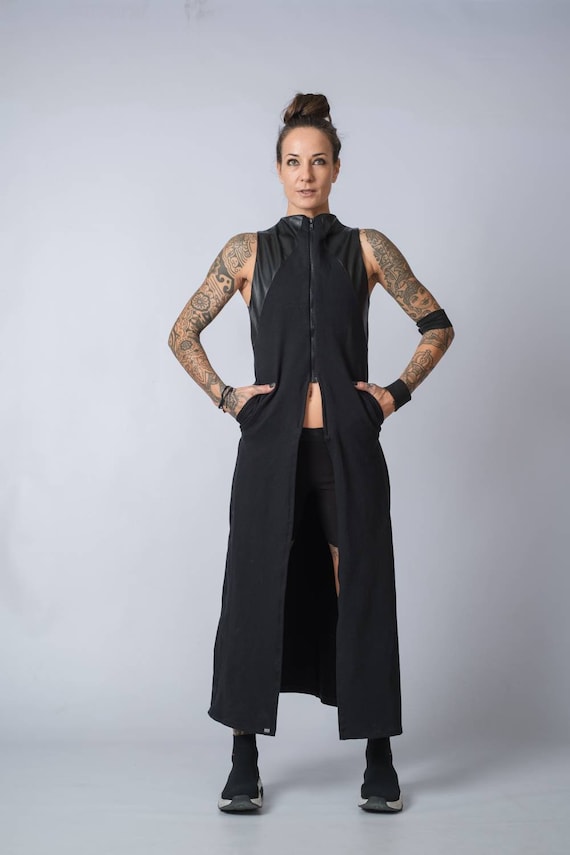 Elegant Black Sleeveless Midi Vest/ Side Split Vest Faux - Etsy