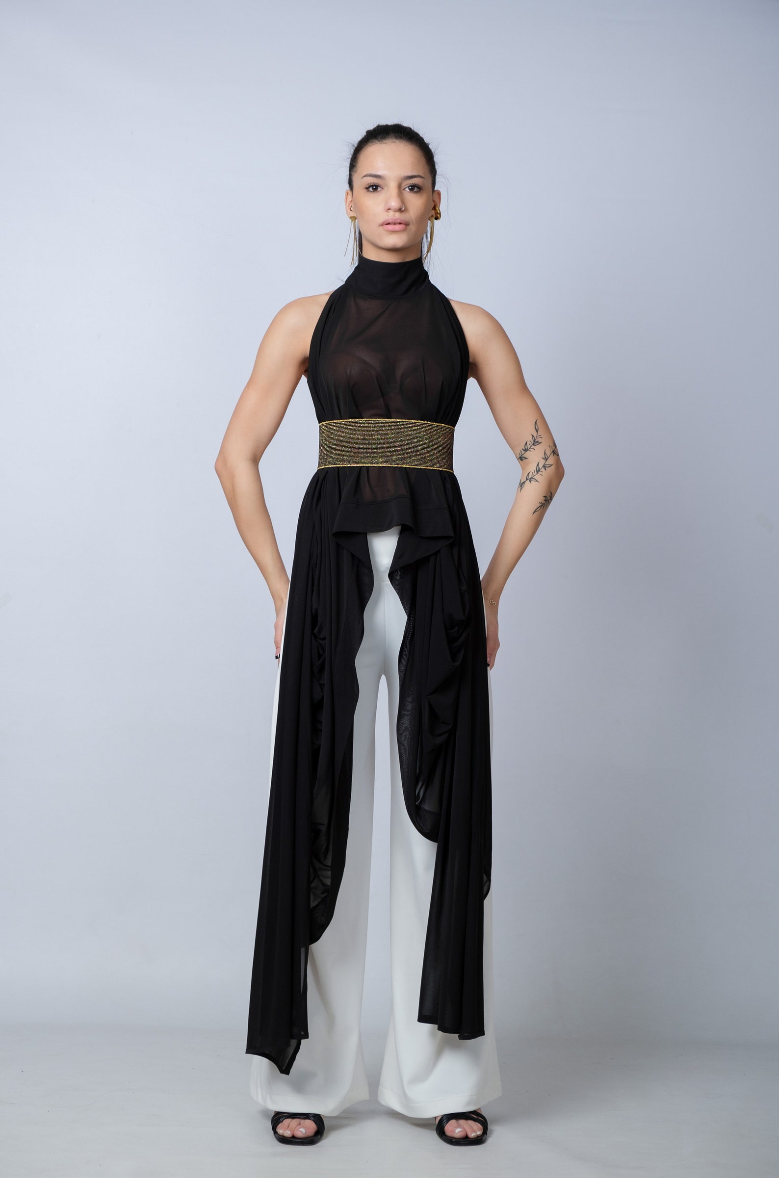 Extravagant Black Sheer Cape Tunic/mesh Asymmetric Long Top/transparent ...
