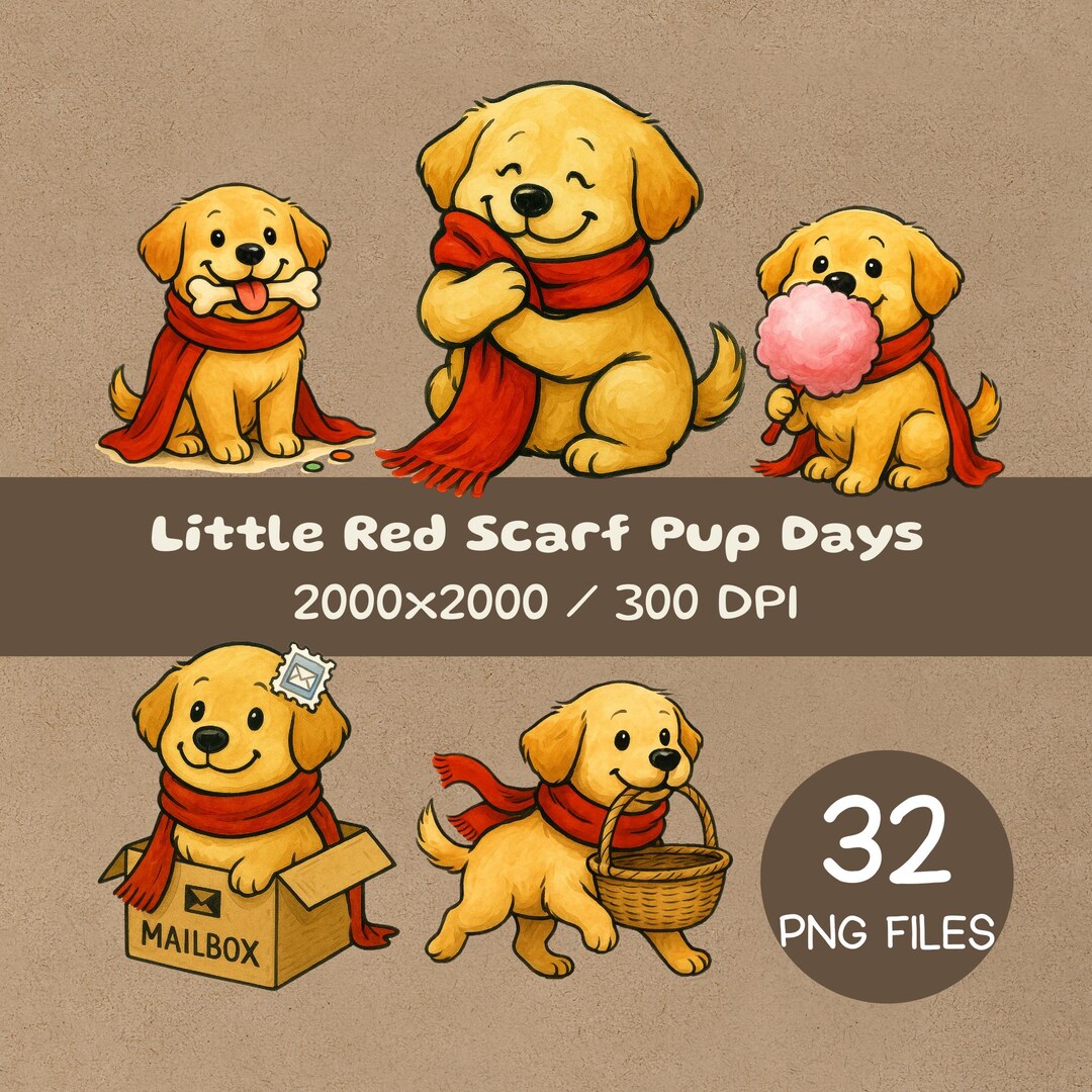 Little Red Scarf Pup Days – 32 PNG Files, Cute Puppy Clipart | Golden ...