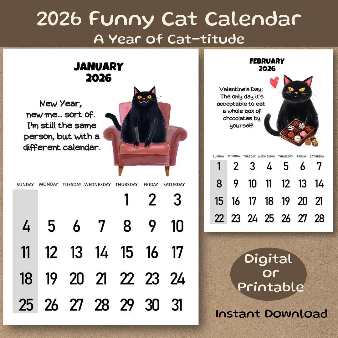 Funny Cat Calendar 2026 | Black Cat & Sarcastic Quotes | Printable 12 ...