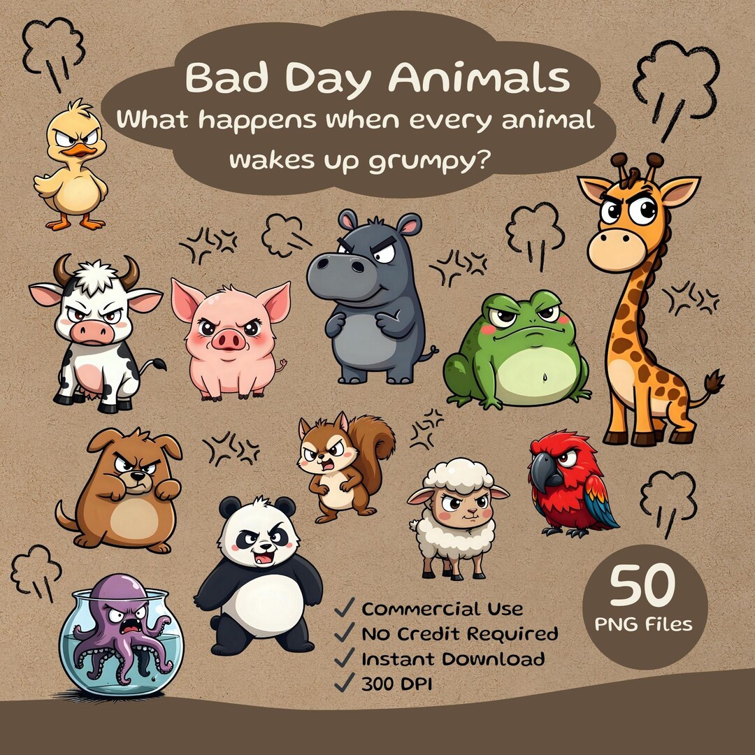 Grumpy Animals Clipart | 50 Bad Day Animals PNG | Funny Angry Cute ...