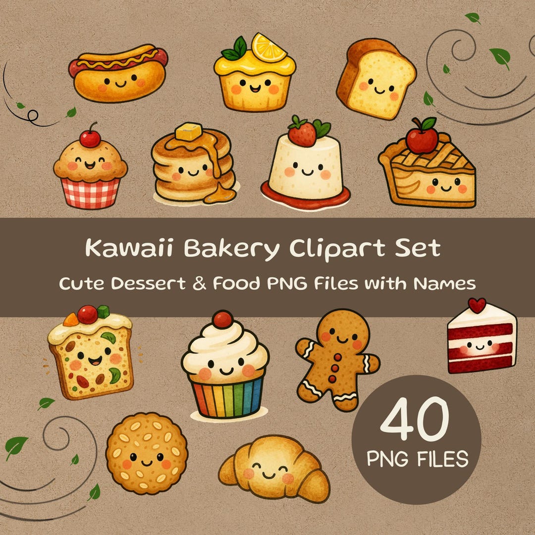 Kawaii Bakery Clipart Set – 40 PNG Files With Dessert Names, Cute Food ...