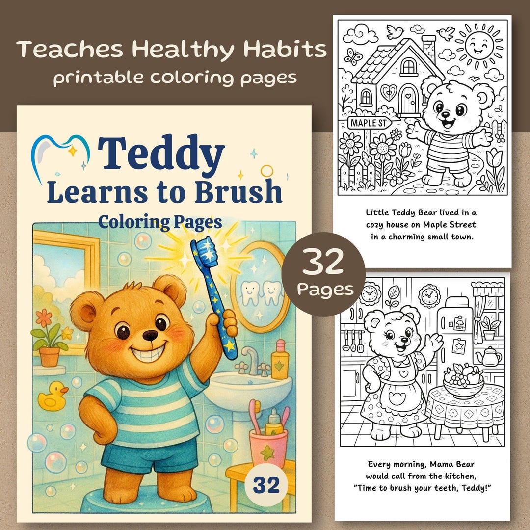 Teddy Learns to Brush Coloring Pages | Storybook for Kids ...
