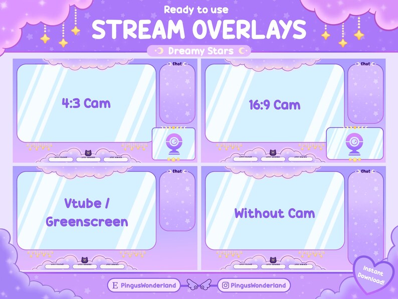 Dreamy Stars Stream Overlay Bundle 20 Streaming Overlays 16 Social ...