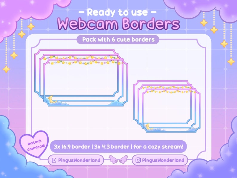 6 Cute Stream Frames Borders Dreamy Pastel Sky Purple Ready to Use Cozy ...