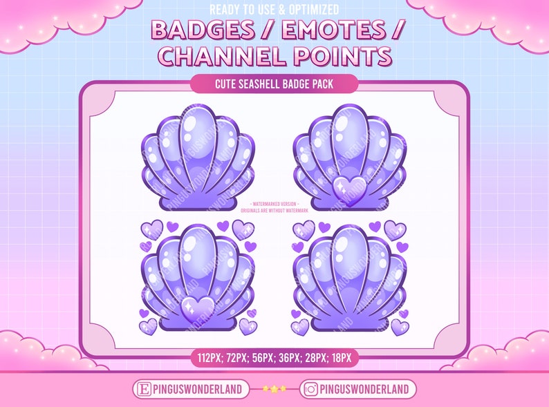 4 Twitch Sub/ Bit Badges / Emotes / Channel Points SEASHELL Kawaii ...