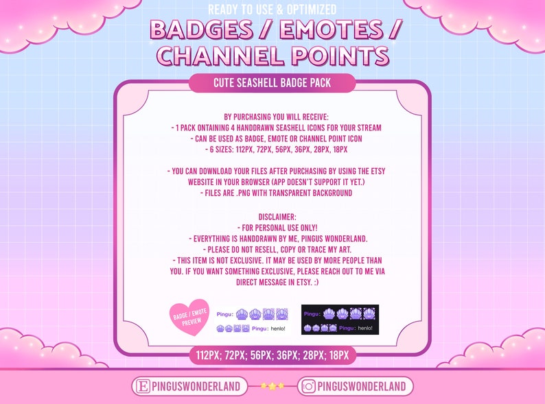 4 Twitch Sub/ Bit Badges / Emotes / Channel Points SEASHELL Kawaii ...
