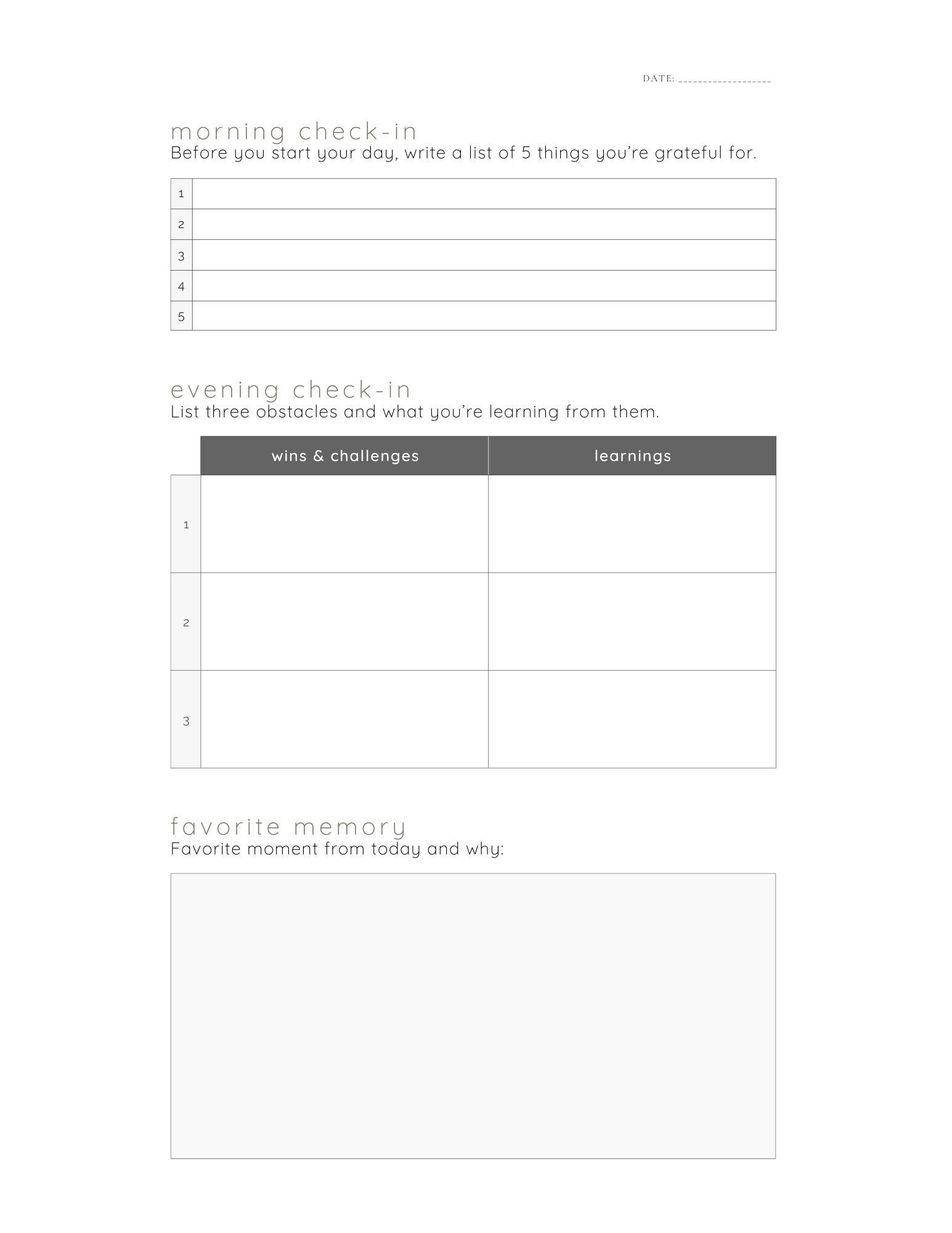 INSTANT DOWNLOAD- Daily Check-in + Learnings + Favorite Memory Template ...