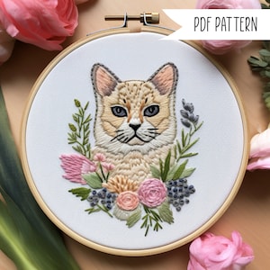 Cat and Floral Embroidery Pattern, Hand Embroidery Pattern, Embroidery ...