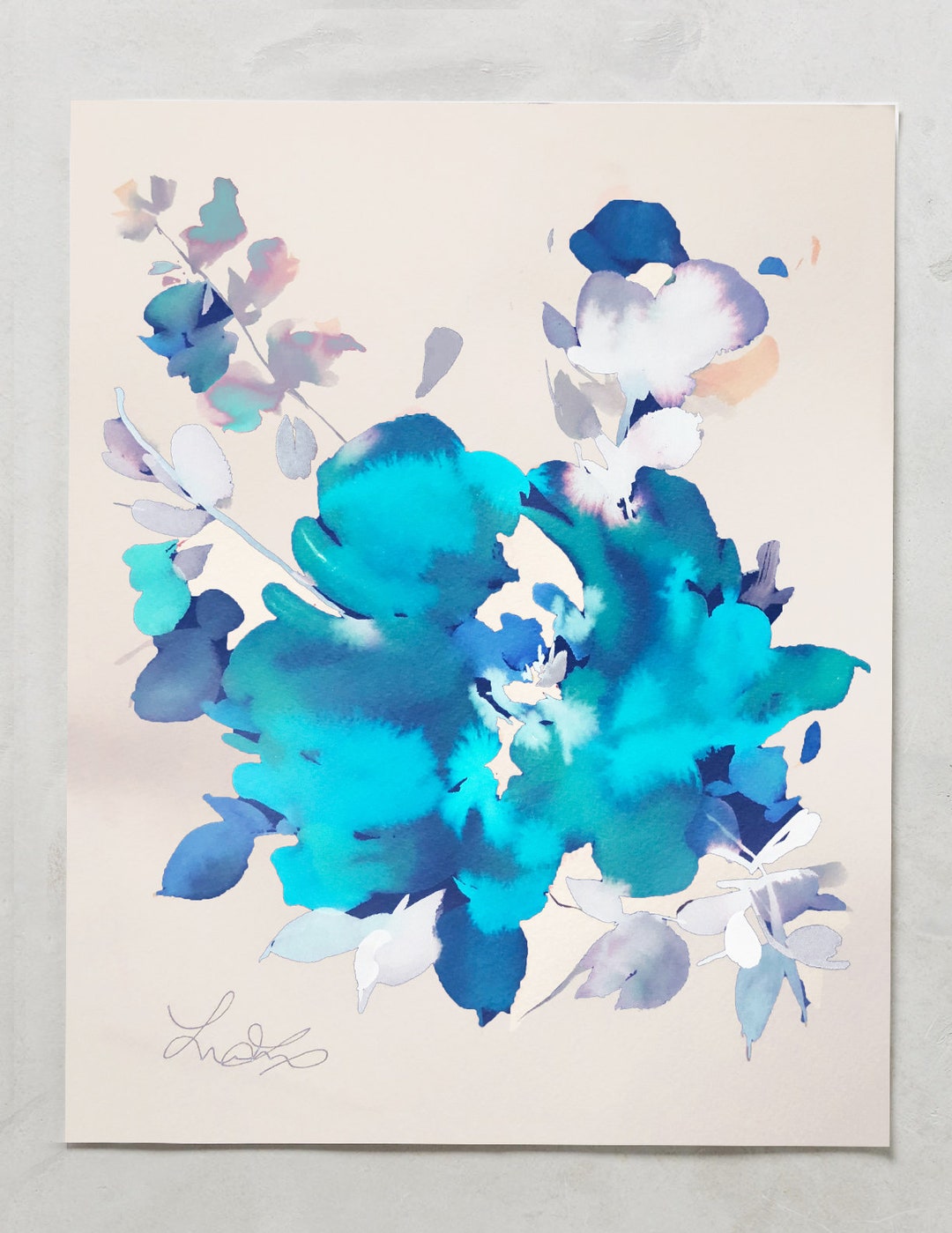Watercolor Print, Blue Floral, Watercolor, Teal Art, Peony Watercolor ...