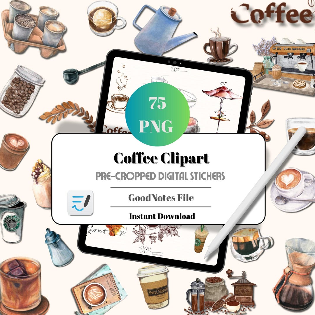 75 Pre-cropped Digital Stickers, Coffee Lover Stickers for Digital ...