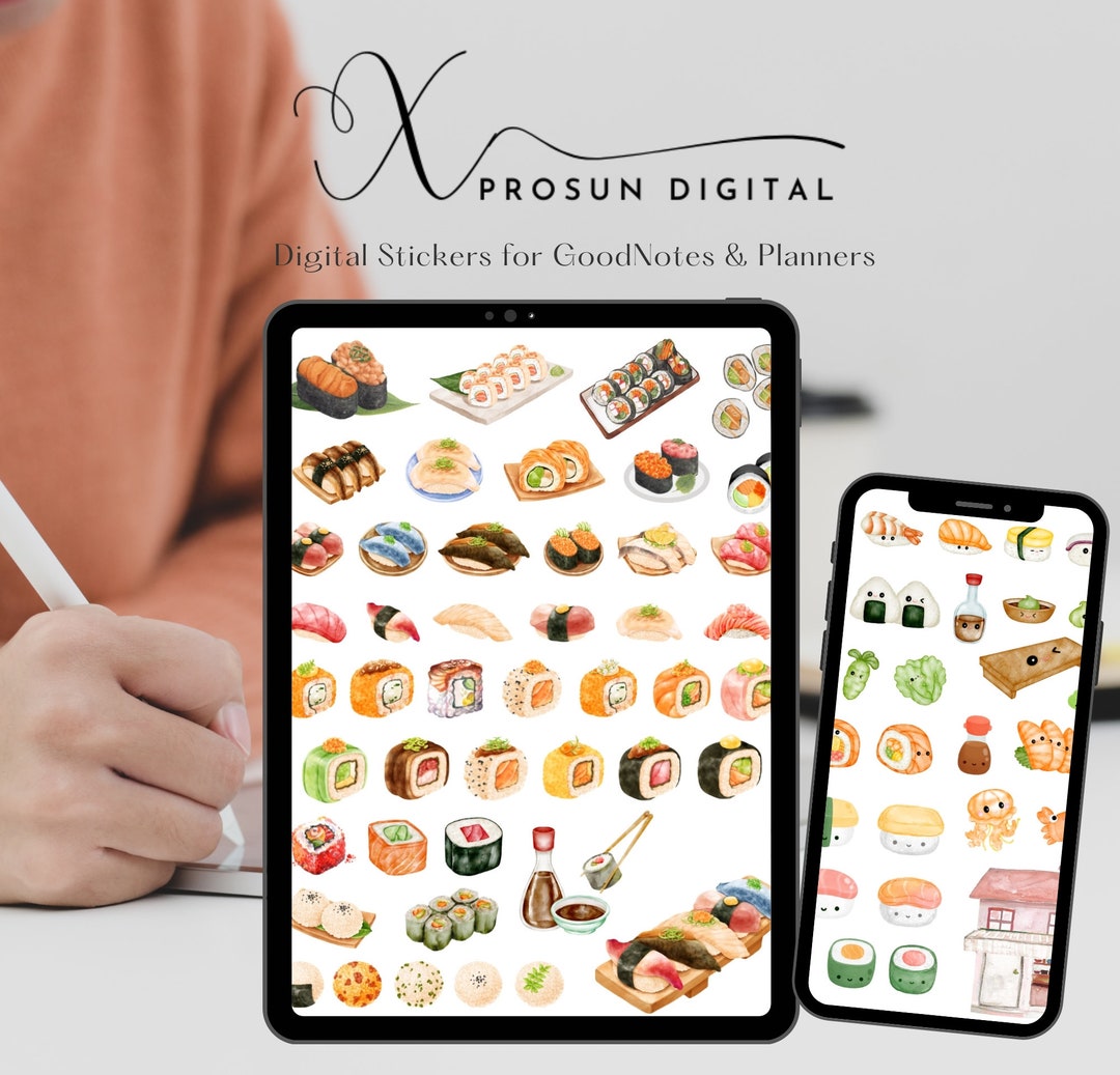 Watercolor Japanese Sushi Food Digital Stickers, Food Digital Stickers ...
