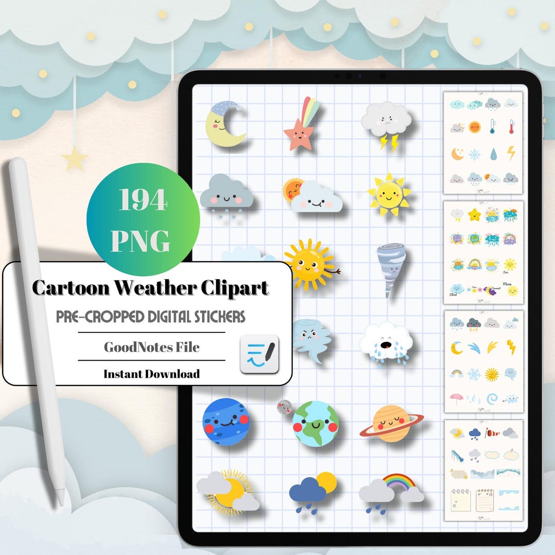 Kawaii Weather Digital Stickers – Cartoon Icons for Goodnotes (pre ...