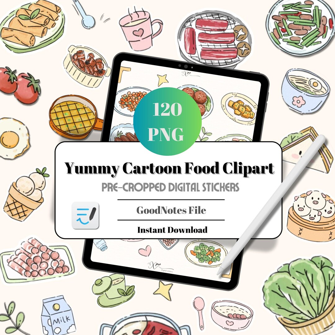 Cartoon Food Digital Stickers – 120 Cute Illustrations for Goodnotes ...