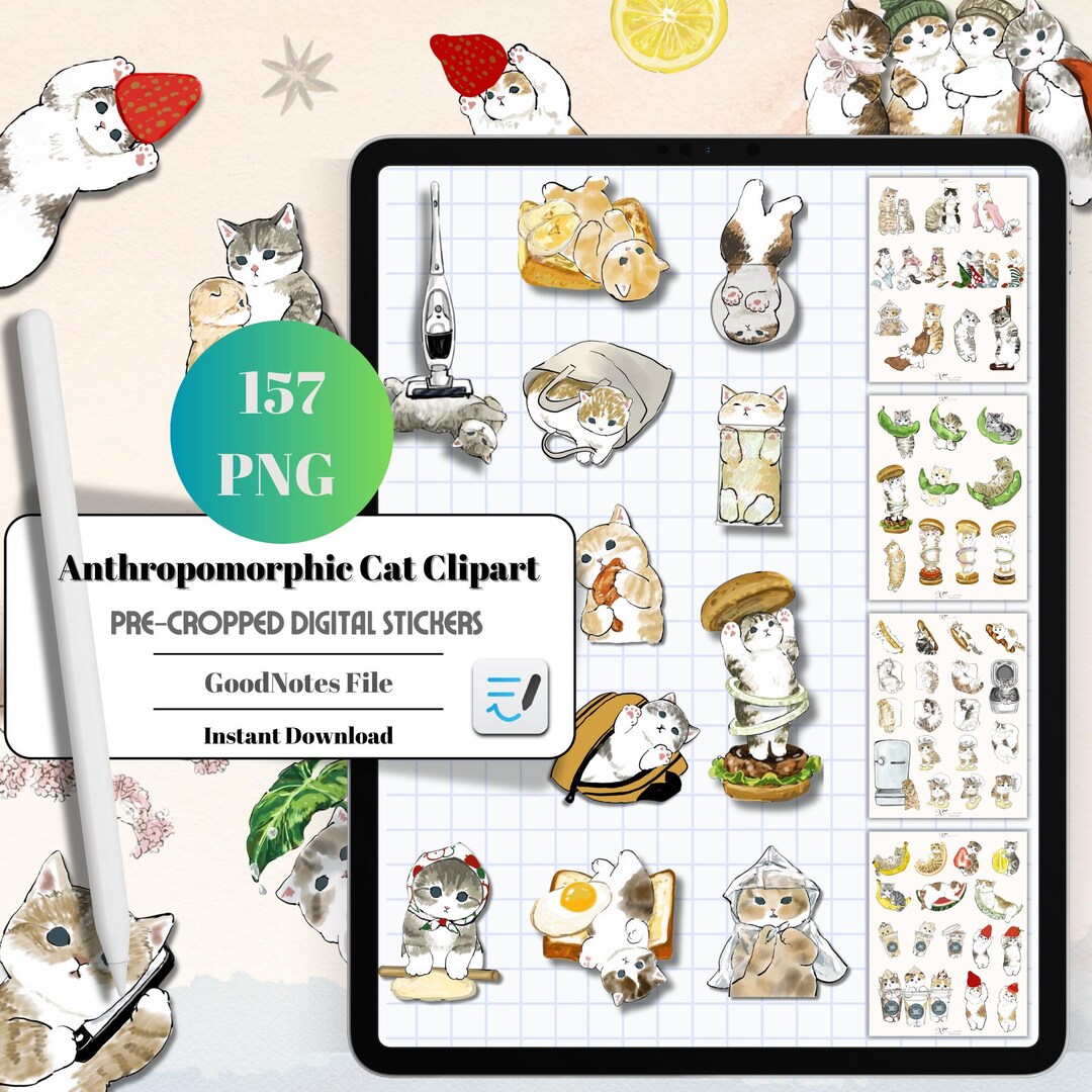 Anthropomorphic Cat Digital Stickers, Cute Hand-drawn Colored Pencil ...