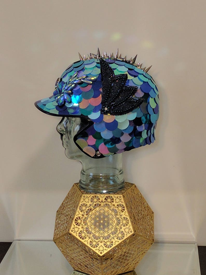 Burning Man Hat, Blue Sequin Winged Spike Helmet, Festival Headdress ...