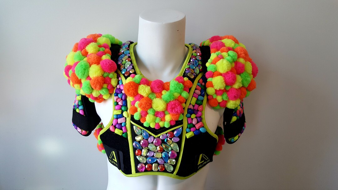 Neon Pom Pom Shoulder Pad, UV Puff Rhinestone Chestpiece, Shoulder ...